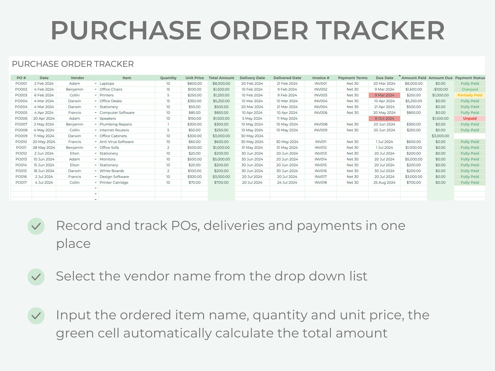 Purchase Order Tracker Spreadsheet | Track Orders, Deliveries ...