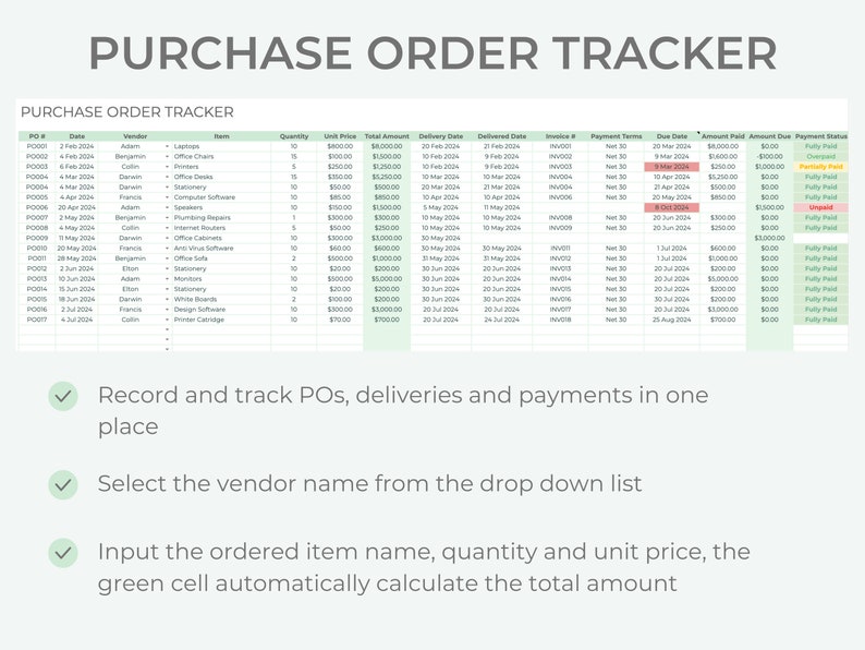 Purchase Order Tracker Spreadsheet | Track Orders, Deliveries ...
