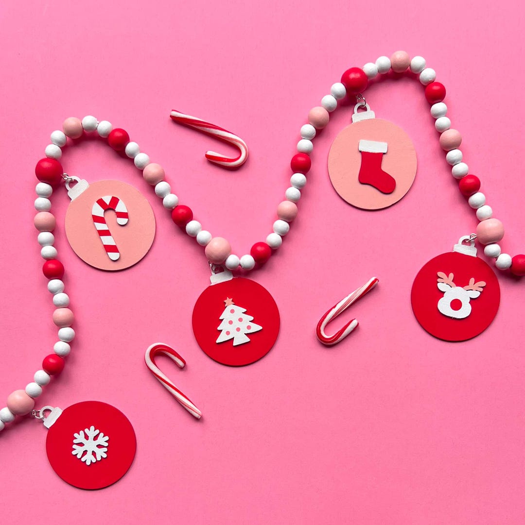 Candy Cane Garland for Fireplace, Christmas Wood Bead Garland, Pink ...