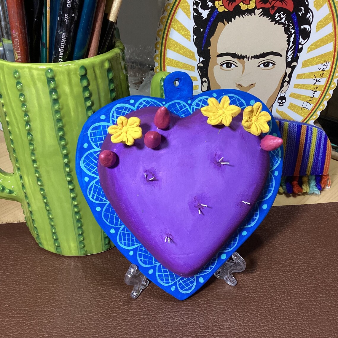 Mexican Milagrito De Nopal, Corazón De Nopal Morado, Arte En Cerámica ...