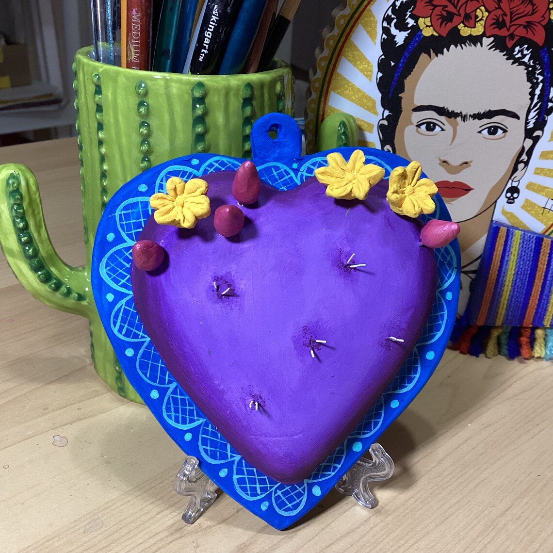 Mexican Milagrito De Nopal, Corazón De Nopal Morado, Arte En Cerámica ...