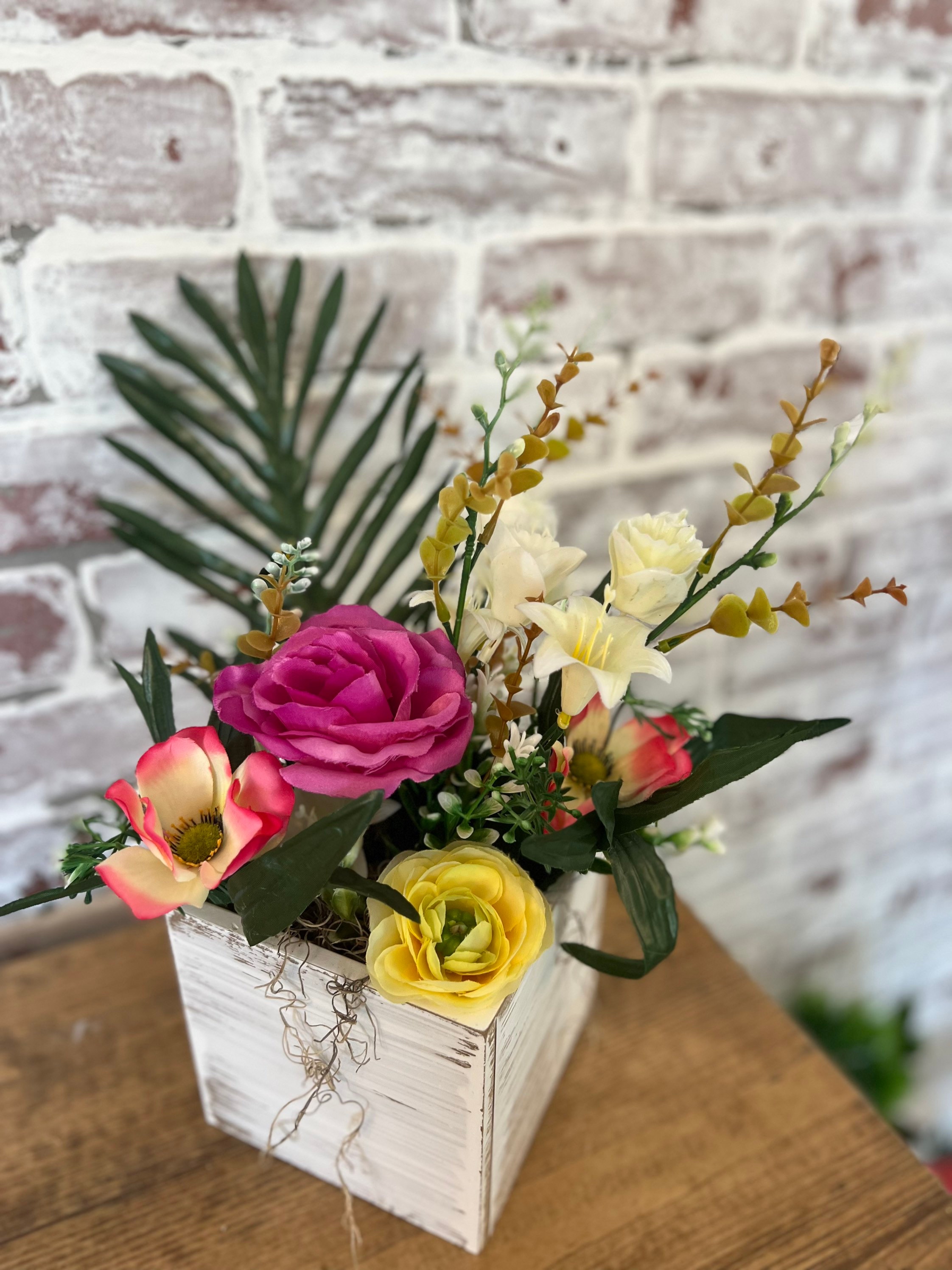 Tropical Flower Arrangement in Wood Box, Floral Arrangement in Planter ...
