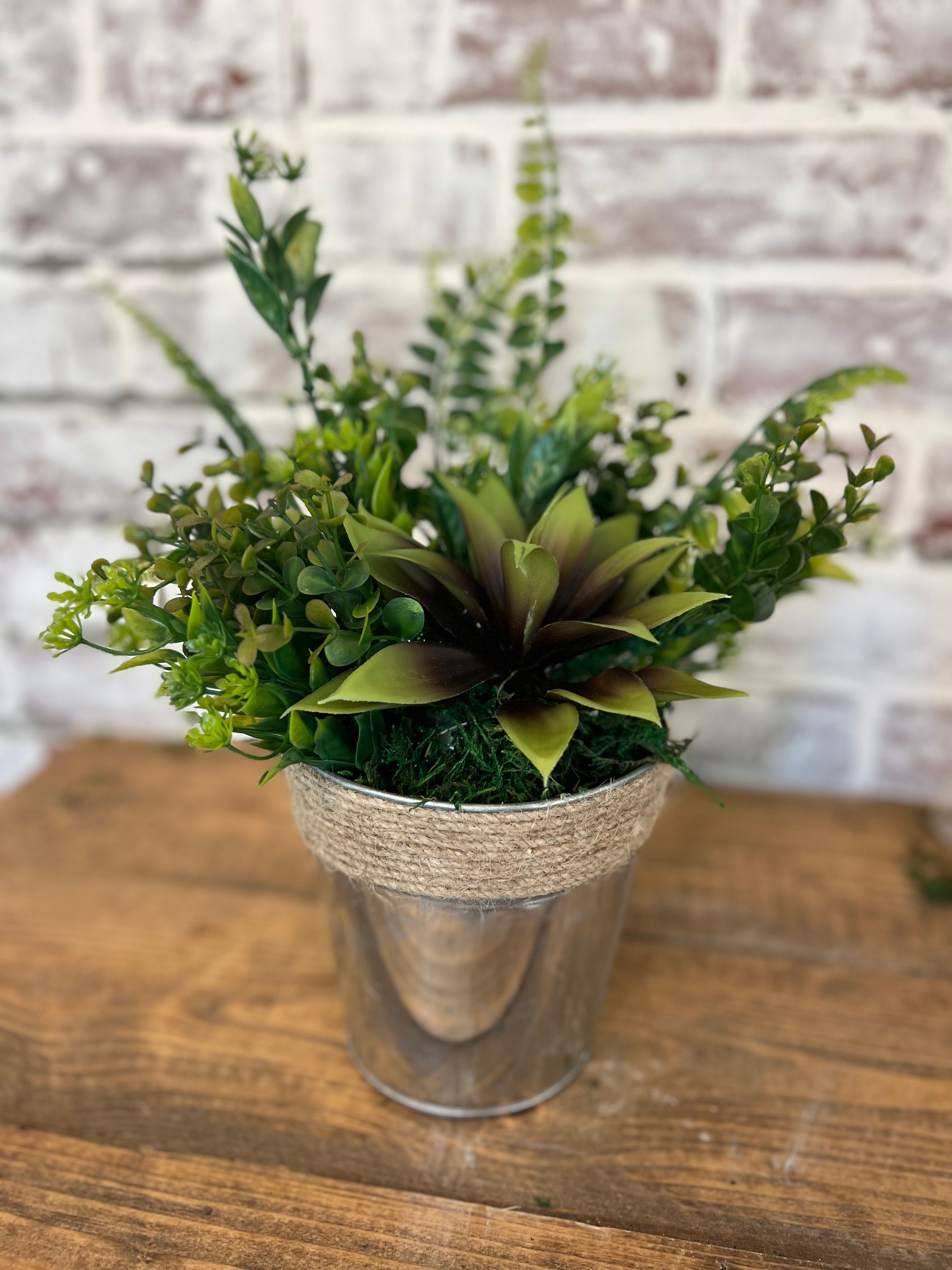 Faux Boxwood, Succulent, Fern Plant Arrangement, Metal Container ...
