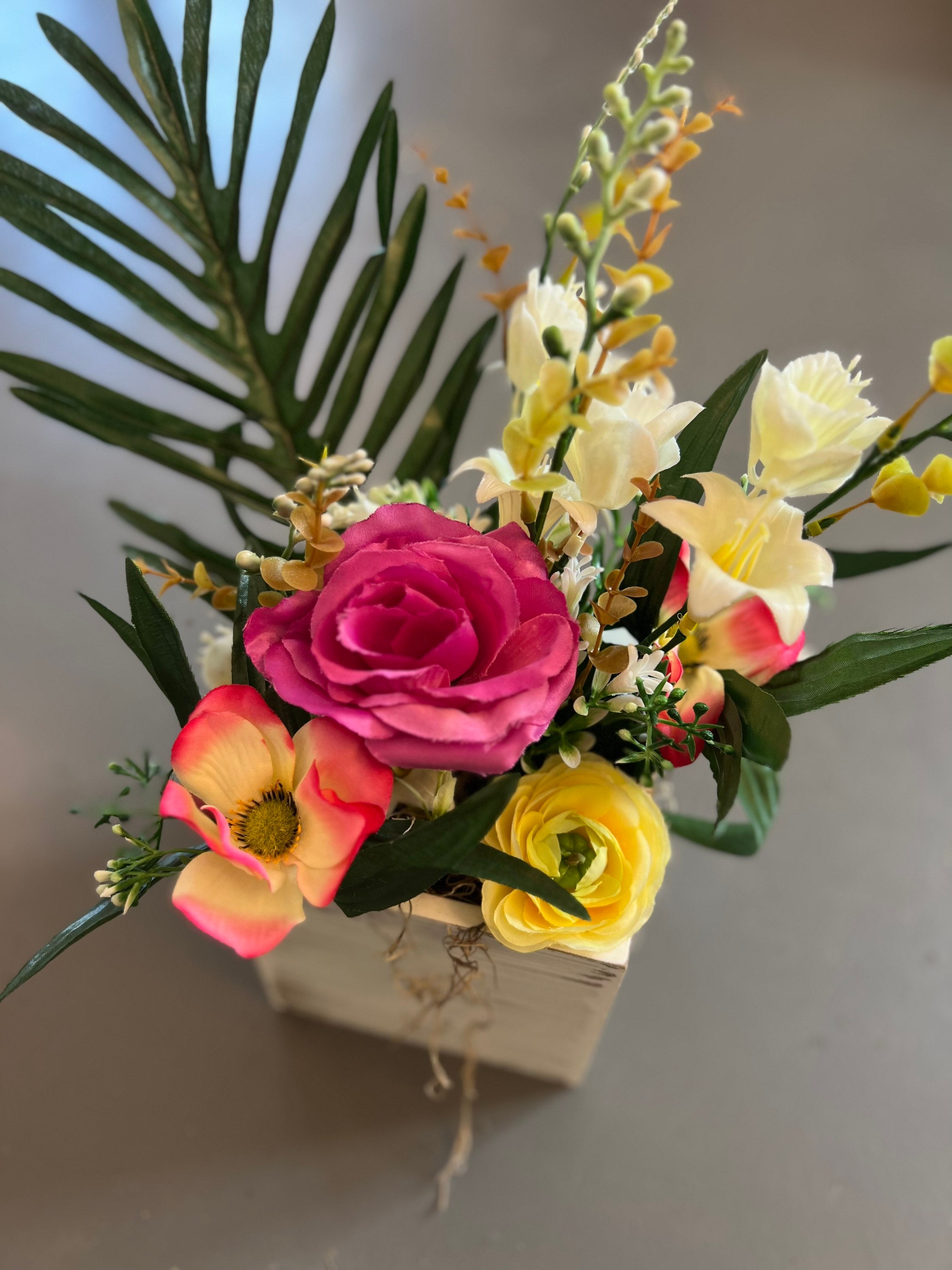 Tropical Flower Arrangement in Wood Box, Floral Arrangement in Planter ...