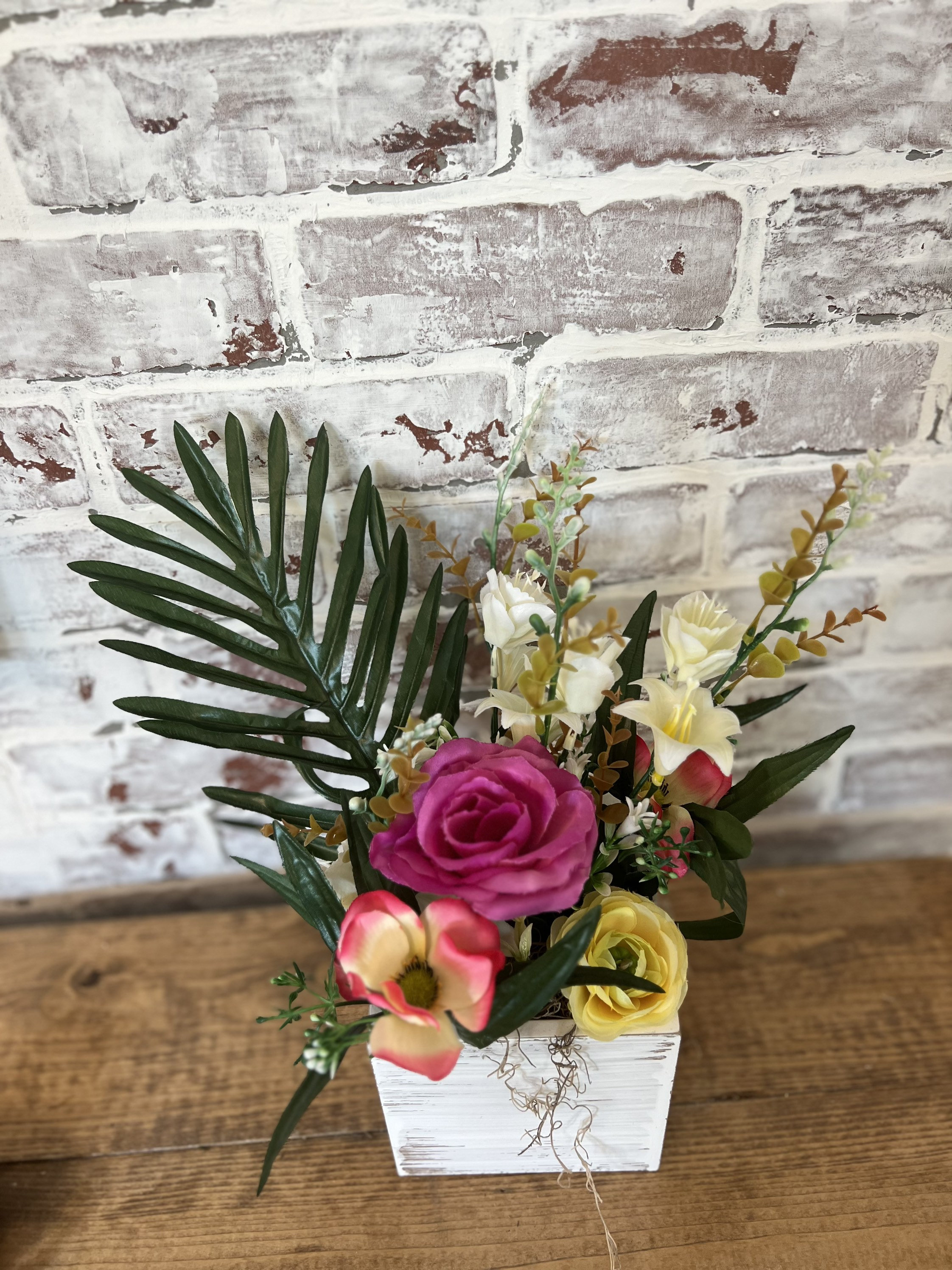 Tropical Flower Arrangement in Wood Box, Floral Arrangement in Planter ...