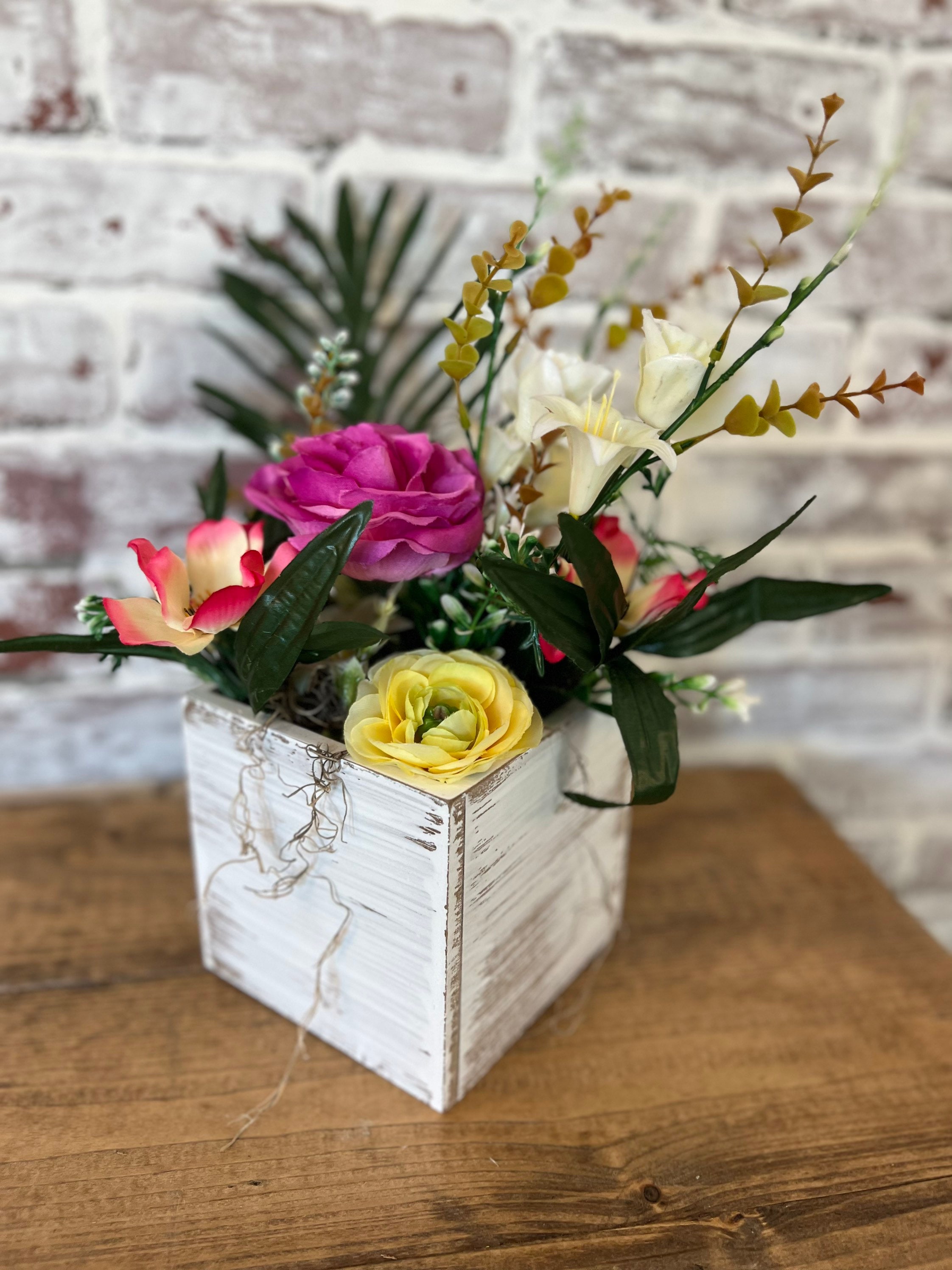 Tropical Flower Arrangement in Wood Box, Floral Arrangement in Planter ...