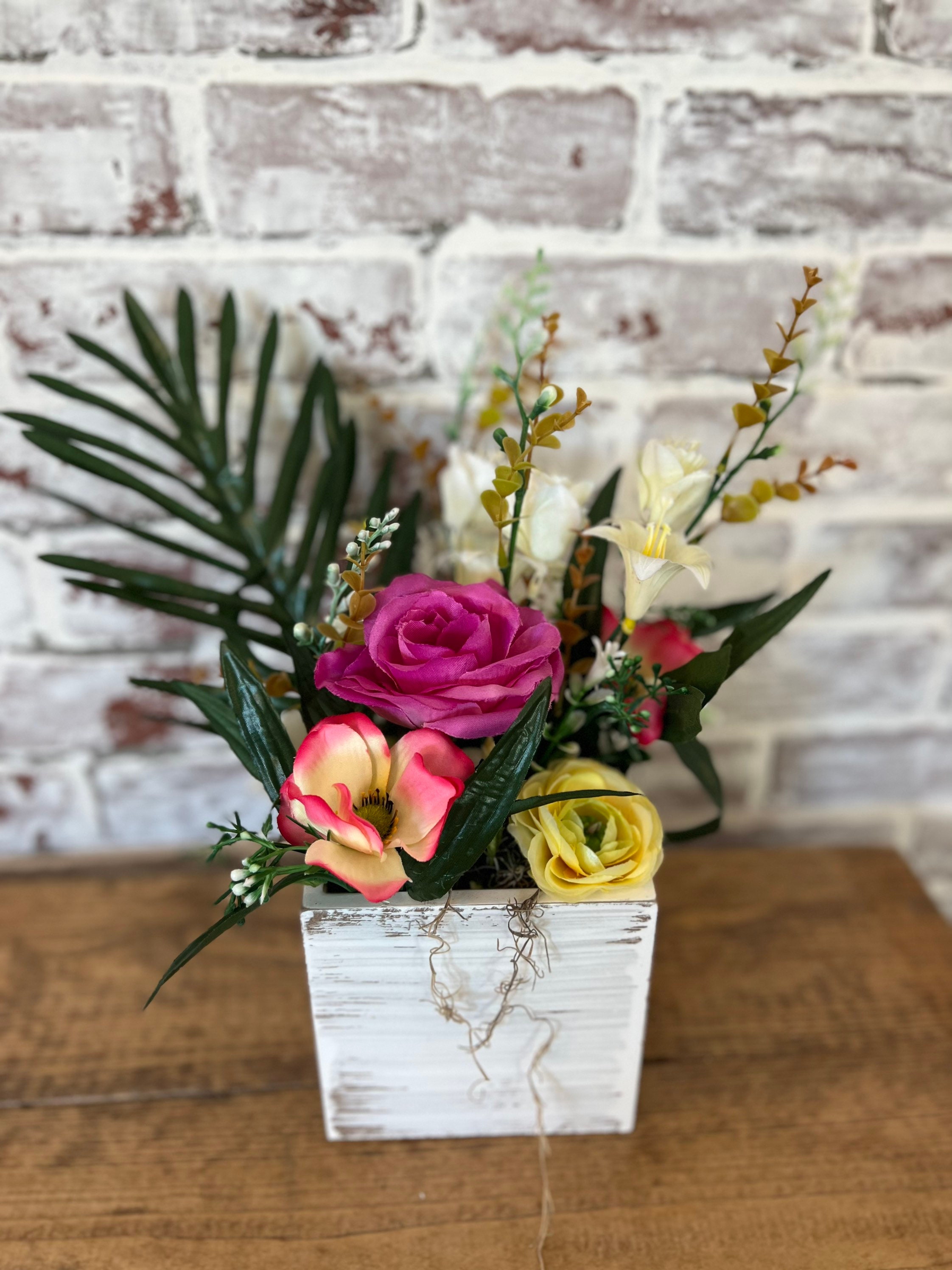 Tropical Flower Arrangement in Wood Box, Floral Arrangement in Planter ...