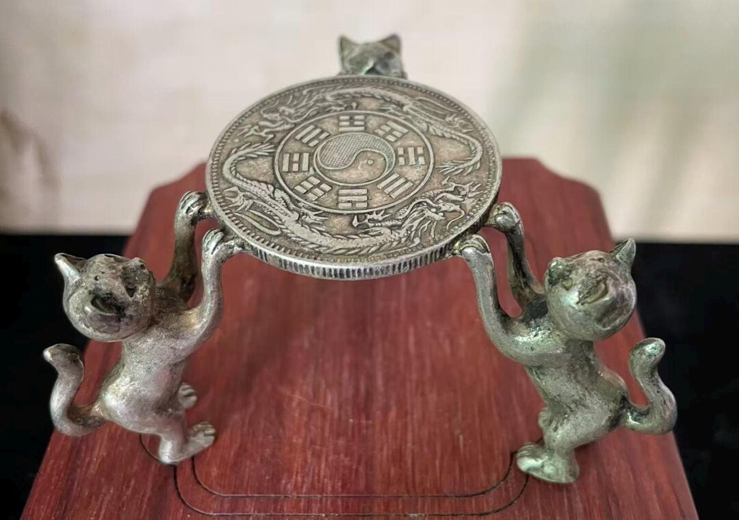 Vintage White Copper Three Cats Coin Statue, Feng Shui Bagua Home Decor ...