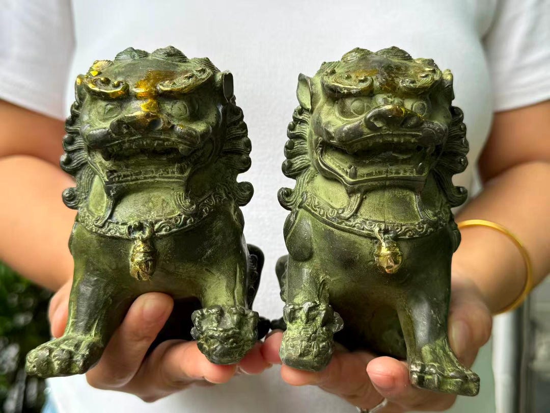 Pair Vintage Copper Evil Fu Foo Dog Lion Statue,old Antiques Chinese ...