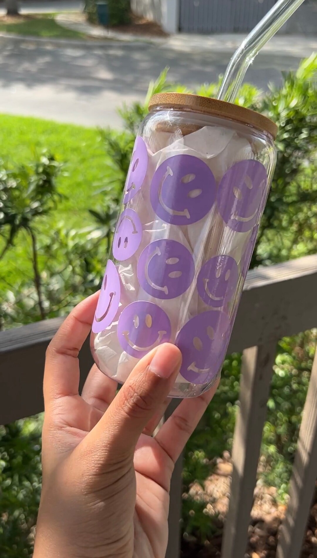 Smiley Face Glass Cup | Yellow, Peach, Lavender Colors | Bamboo Lid ...