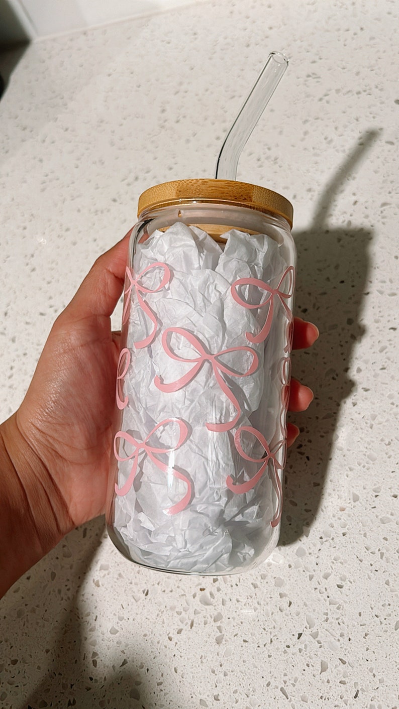 Pink Bows Glass Cup Bamboo Lid And Glass Straw Included Etsy