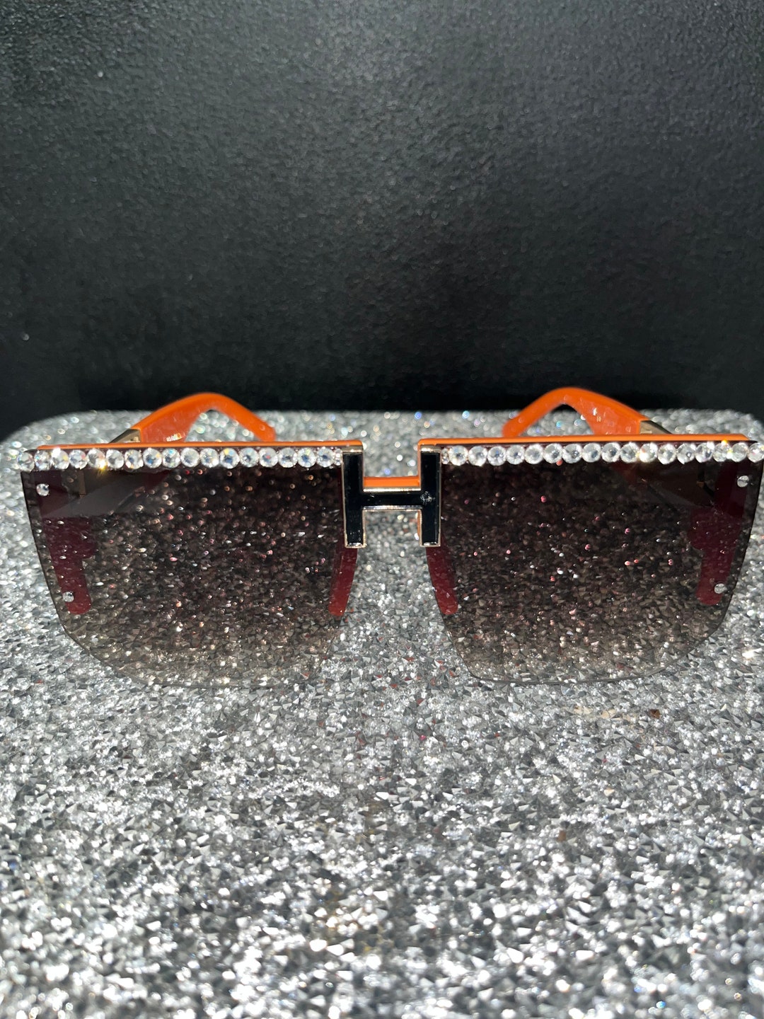 Hand Rhinestoned Letter H Rimless Square Sunglasses Orange - Etsy