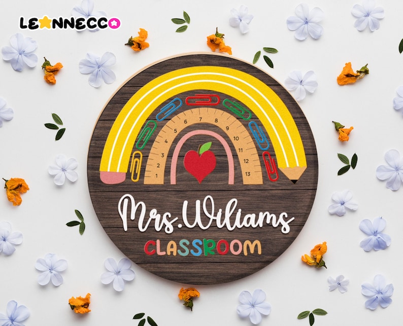 Personalized Teacher Door Sign, Pencil Rainbow Wooden Welcome Sign ...