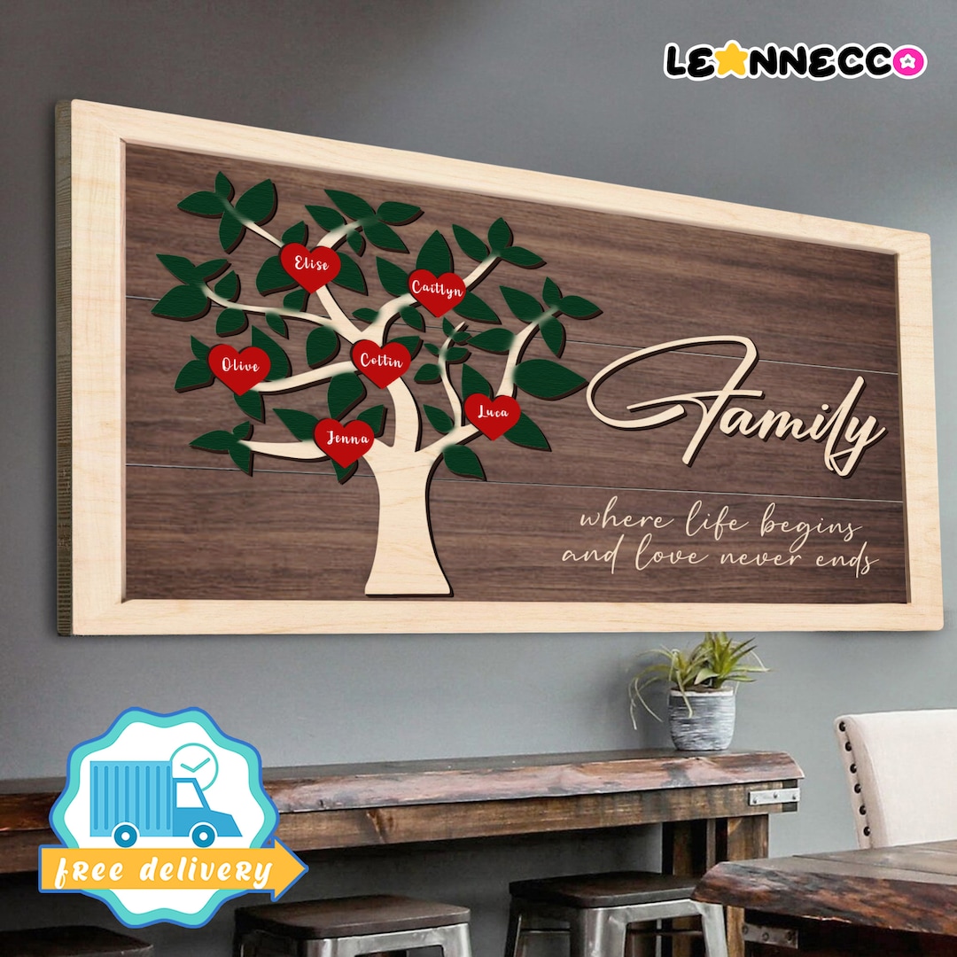 Personalized Wooden Family Tree Sign, Grandkids Names Sign, 3D Hanging ...