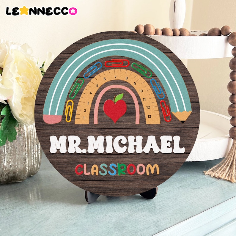 Personalized Teacher Door Sign, Pencil Rainbow Wooden Welcome Sign ...