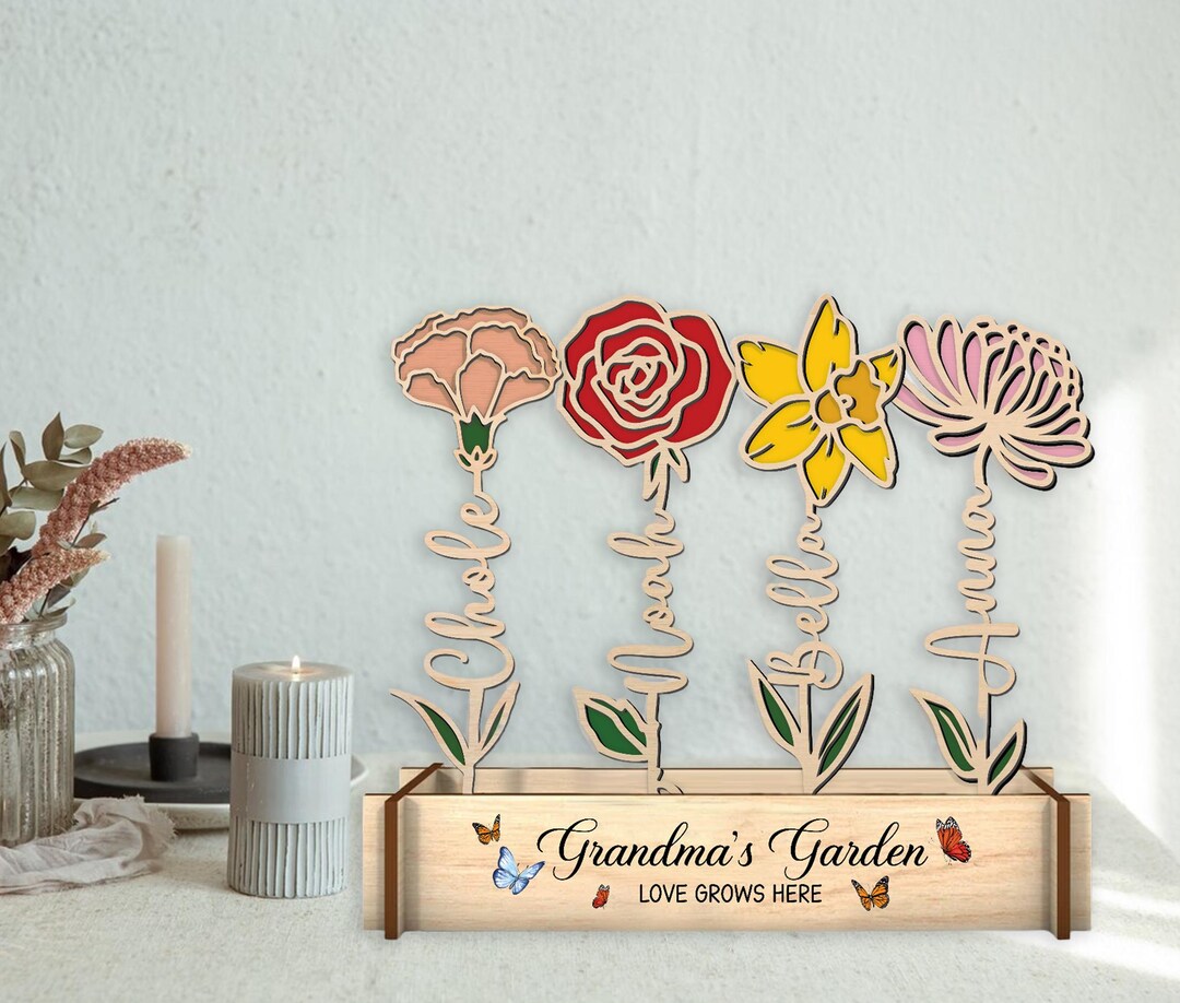 Wooden Birth Flowers With Kids Name, Gifts for Mom, Gift for Grandma ...