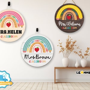 Personalized Teacher Door Sign, Pencil Rainbow Wooden Welcome Sign ...
