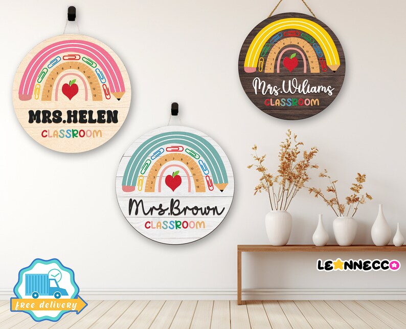 Personalized Teacher Door Sign, Pencil Rainbow Wooden Welcome Sign ...