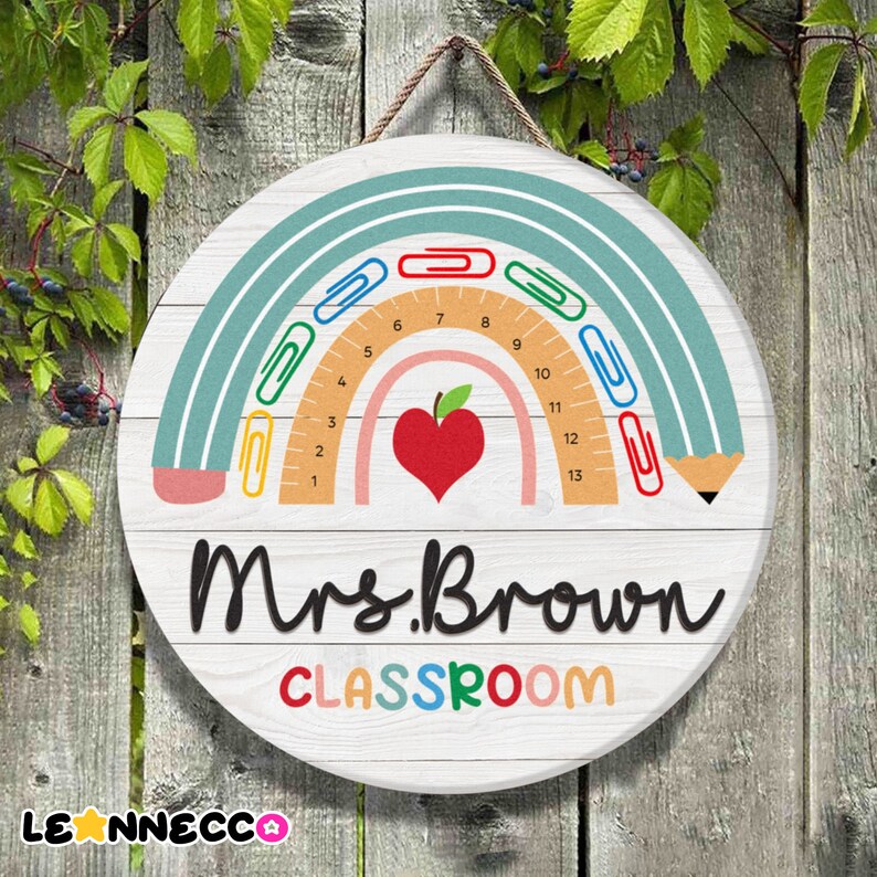 Personalized Teacher Door Sign, Pencil Rainbow Wooden Welcome Sign ...