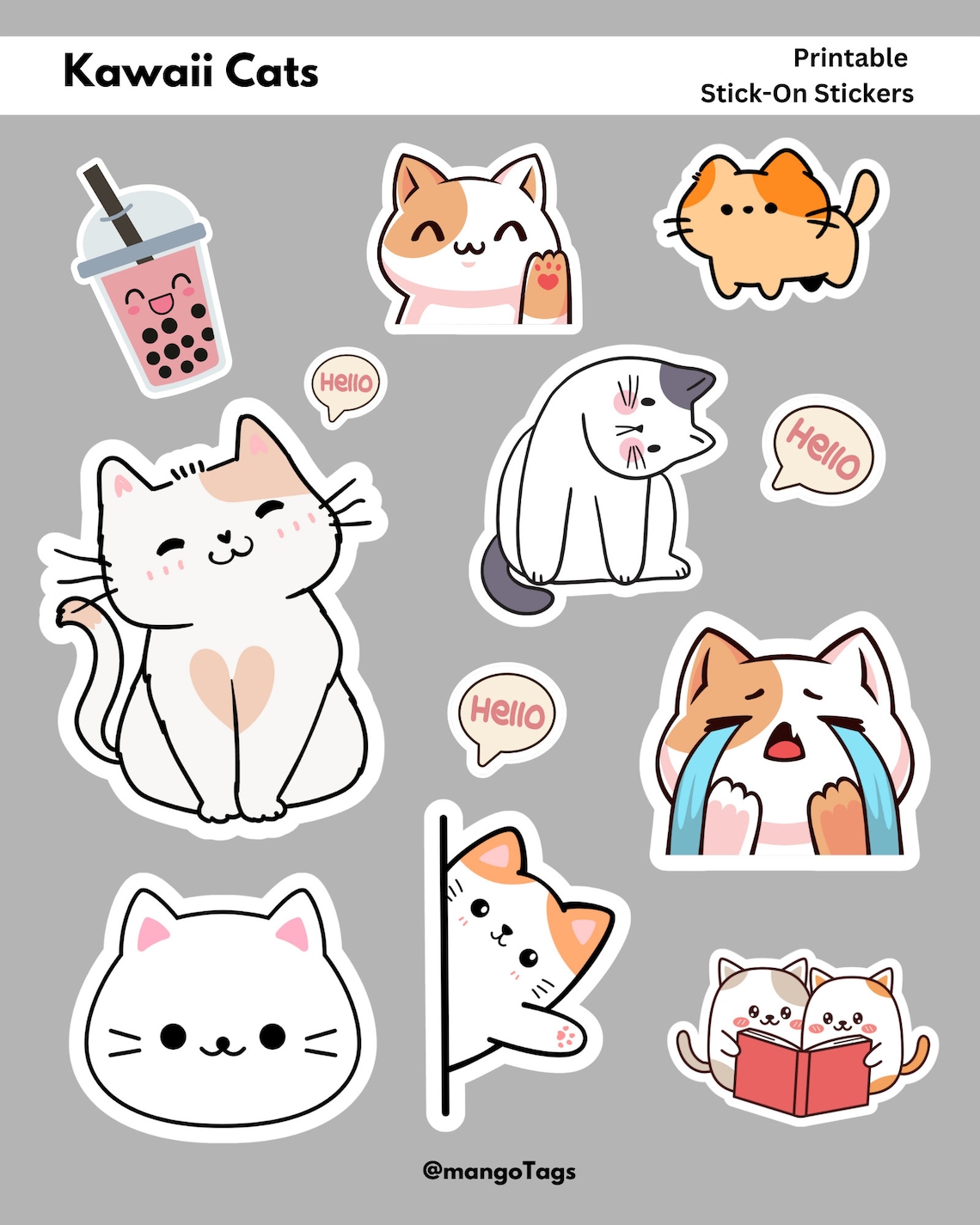 Kawaii Cats Cute Printable Stickers PNG Files for Planner, Diary ...