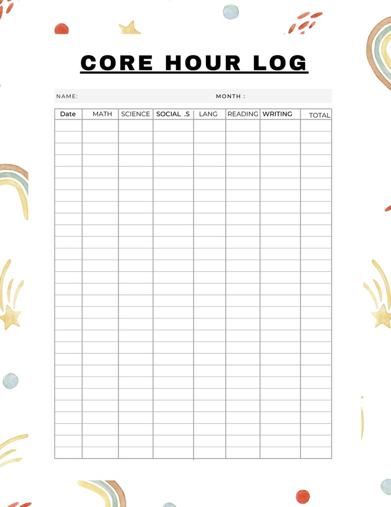 Homeschool Core and Noncore Hour Log Homeschool Log Homeschoolers Hour ...