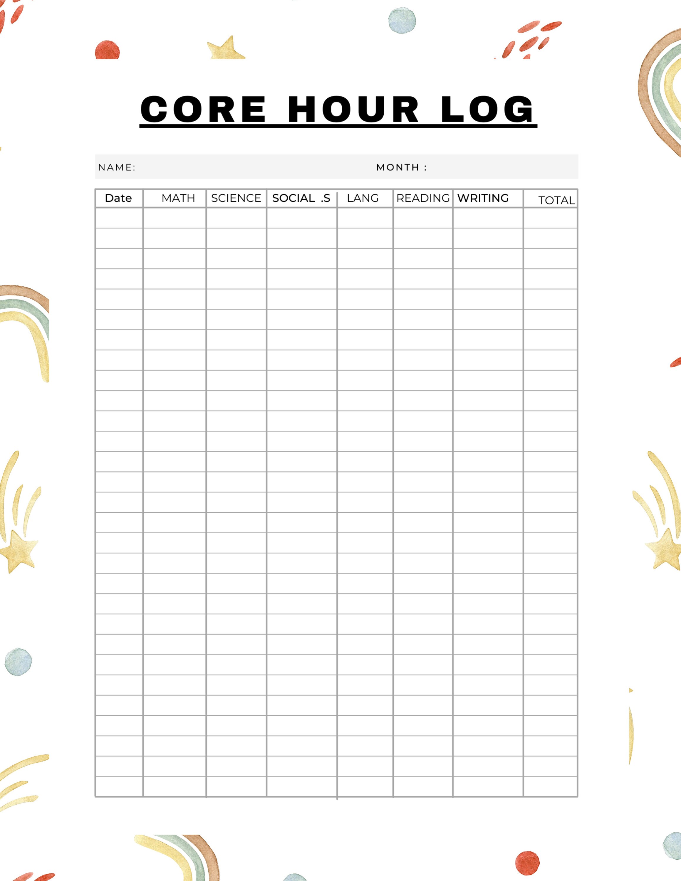 Homeschool Core and Noncore Hour Log Homeschool Log Homeschoolers Hour ...