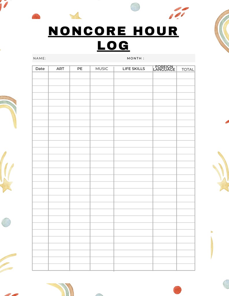 Homeschool Core and Noncore Hour Log Homeschool Log Homeschoolers Hour ...