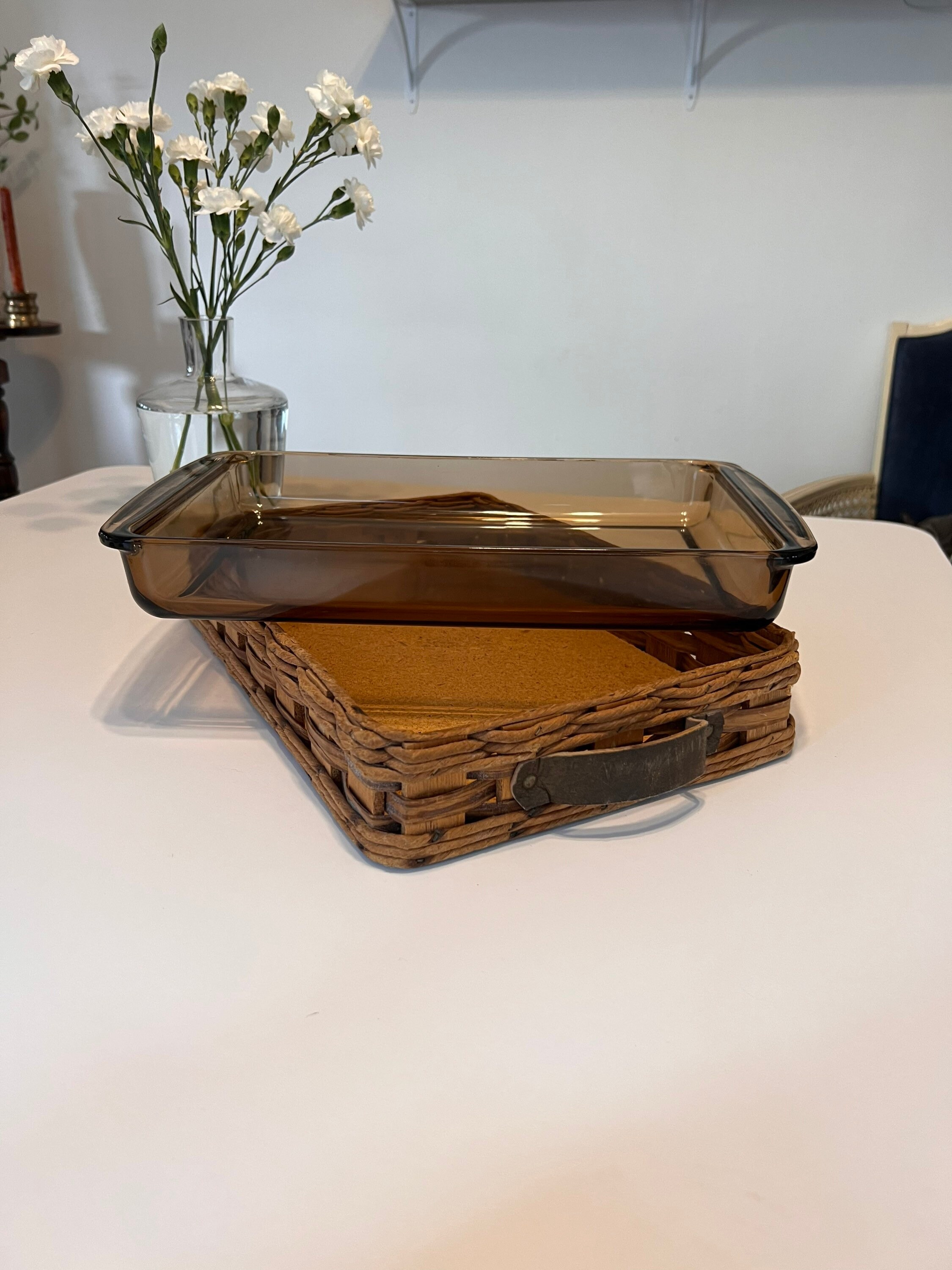 Vintage Pyrex Wicker Rattan Basket Serving Tray W/ Leather Handles ...