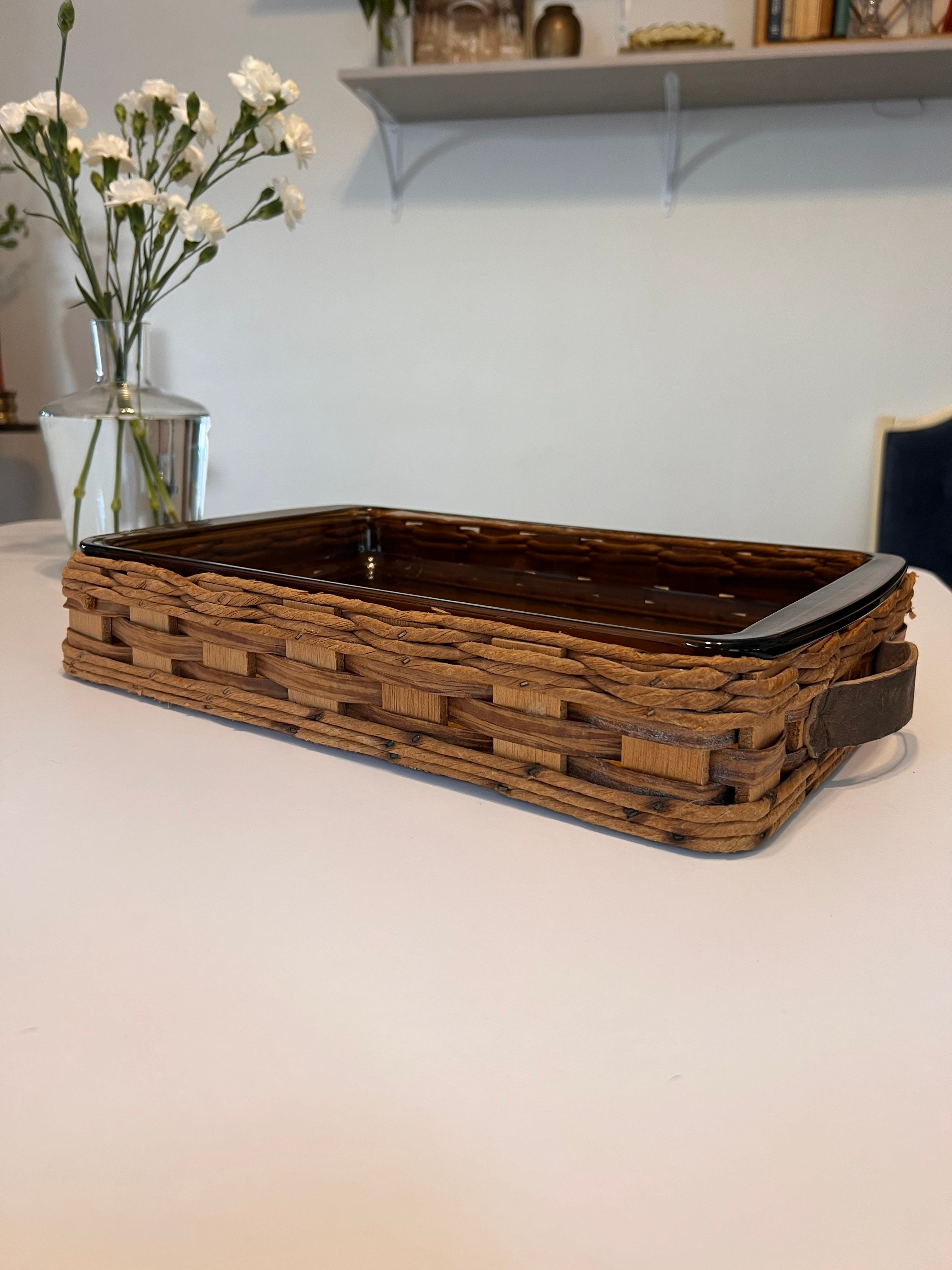 Vintage Pyrex Wicker Rattan Basket Serving Tray W/ Leather Handles ...