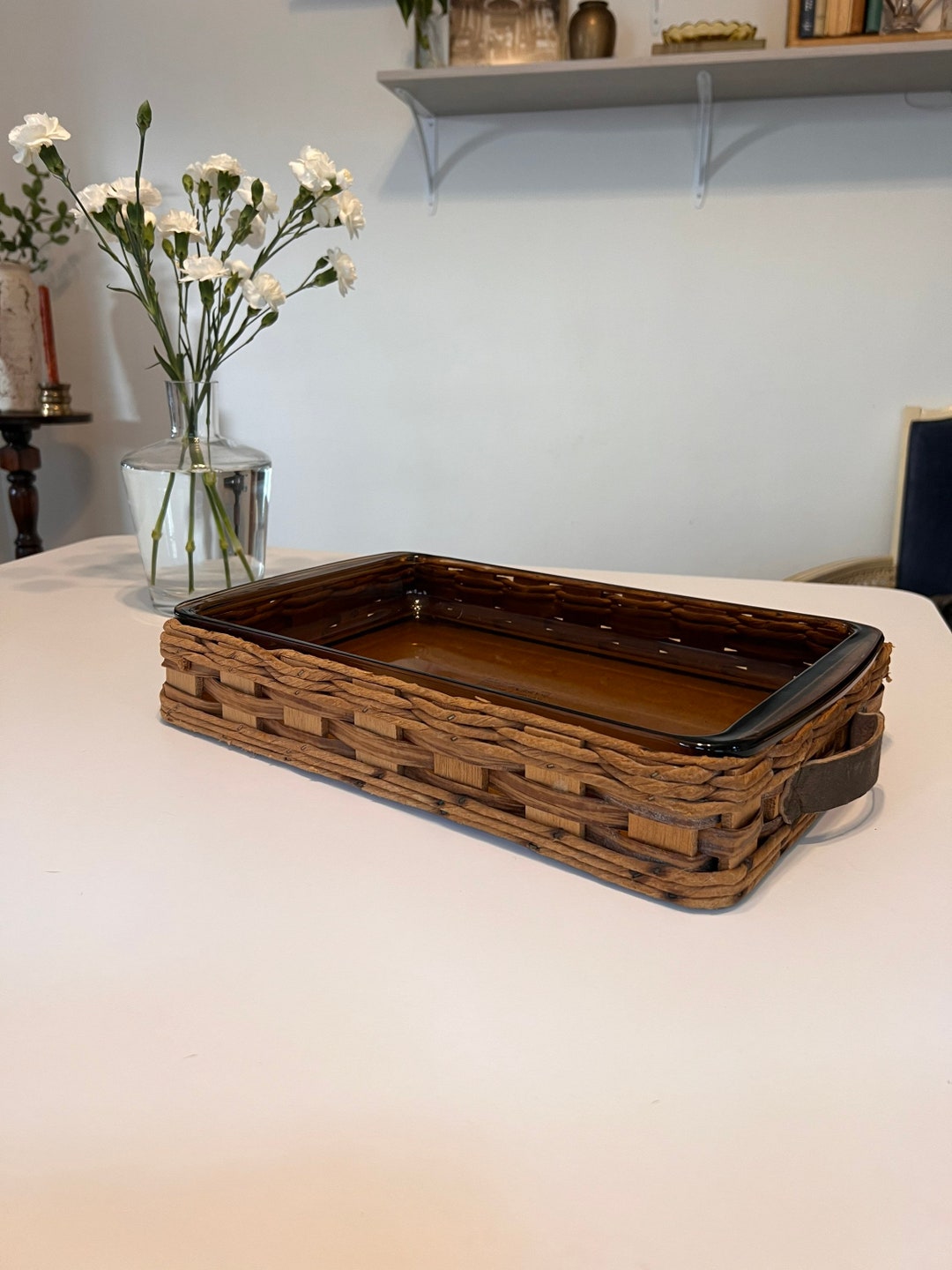 Vintage Pyrex Wicker Rattan Basket Serving Tray W/ Leather Handles ...