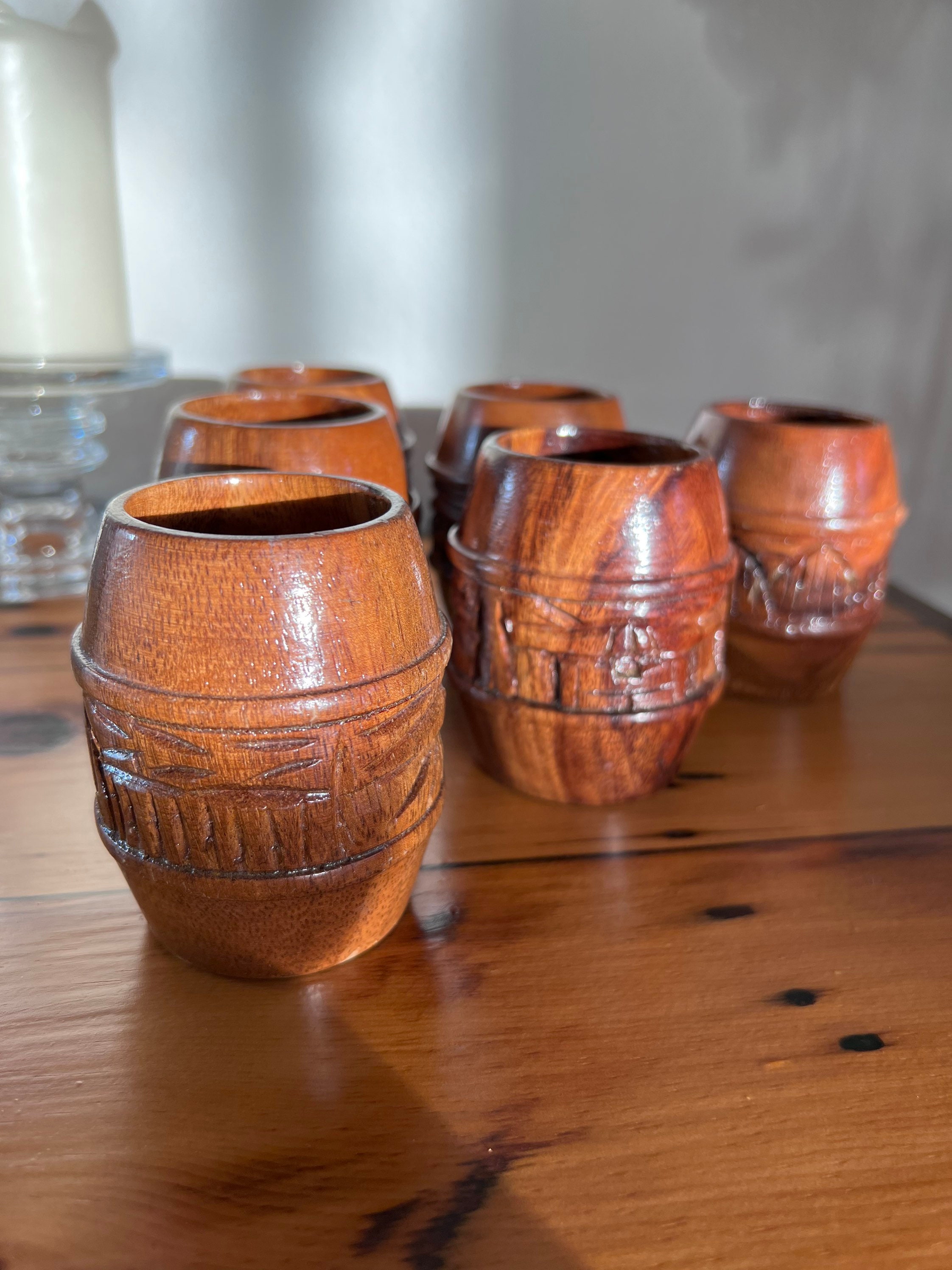 Vintage Tiki Wood Hand Carved Cups / Votive Holders set of 6. - Etsy