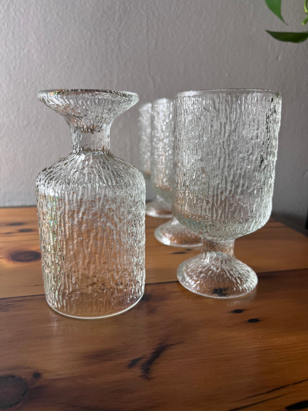 Mid Century Indiana Glass Goblets: Crystal Ice Textured Footed Glasses ...