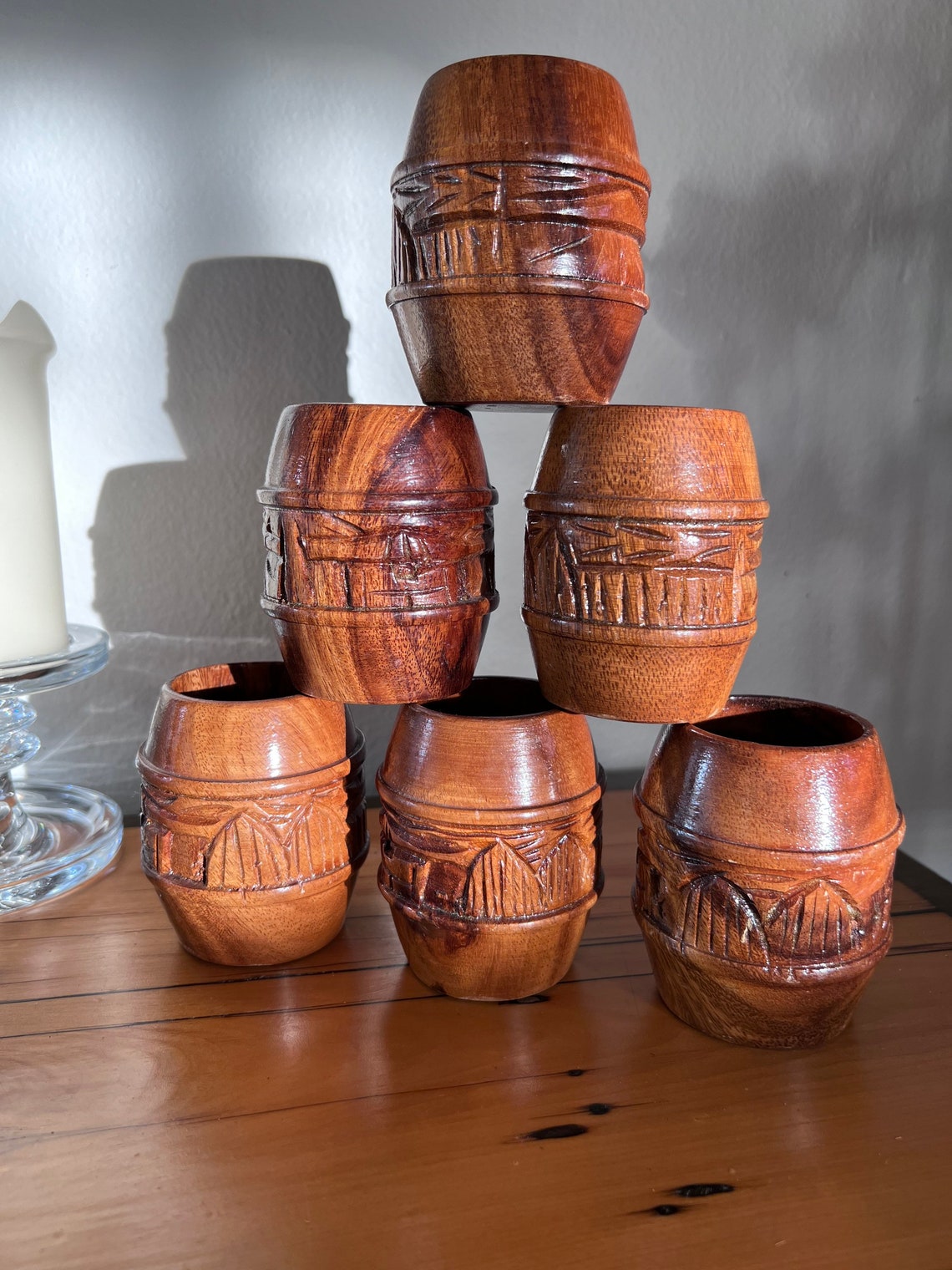 Vintage Tiki Wood Hand Carved Cups / Votive Holders set of 6. - Etsy
