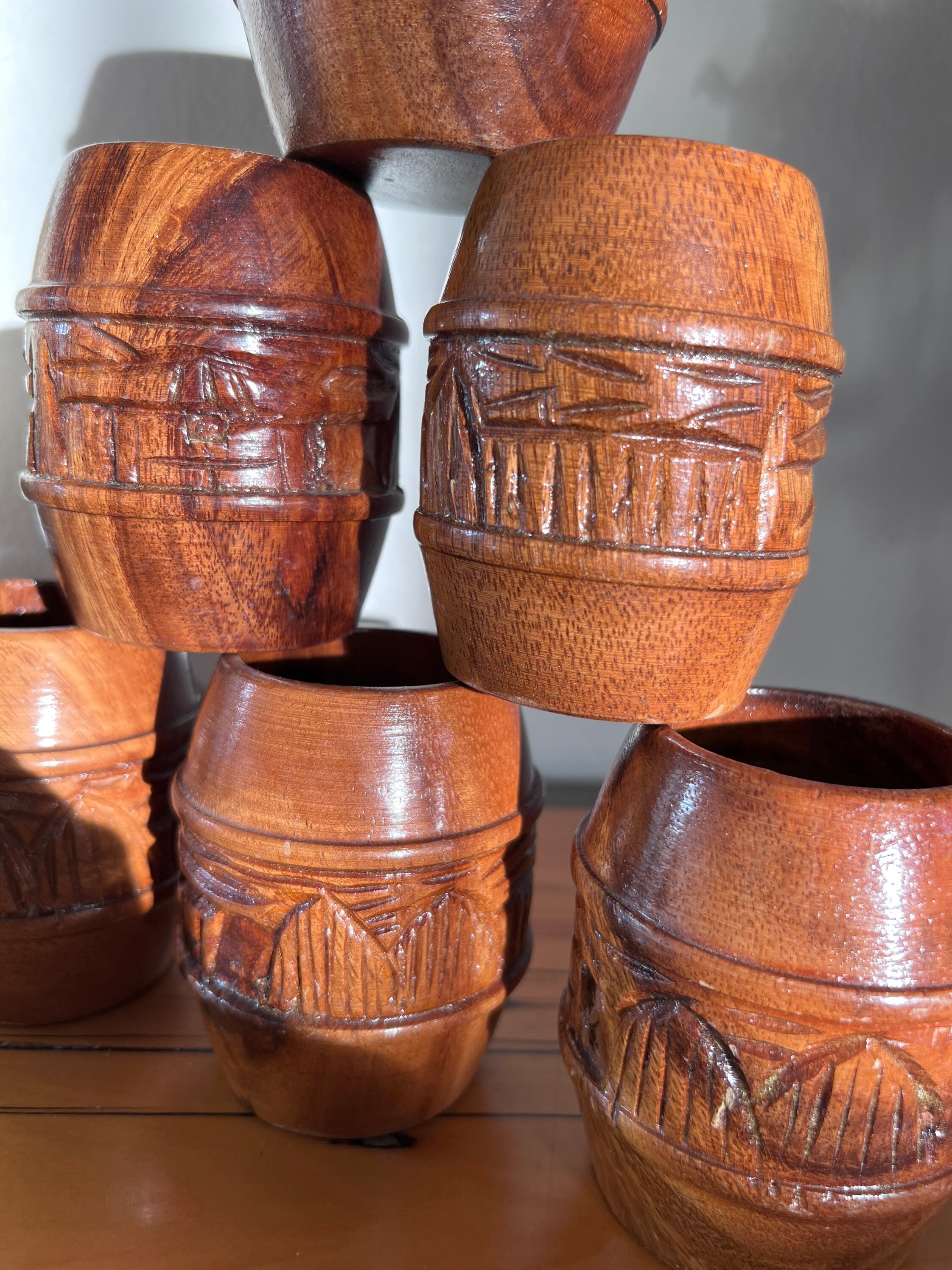 Vintage Tiki Wood Hand Carved Cups / Votive Holders set of 6. - Etsy