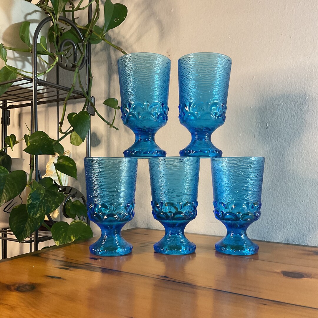 MCM Monterey Blue Water / Wine Goblets ( Set of Five ) Textured Footed ...