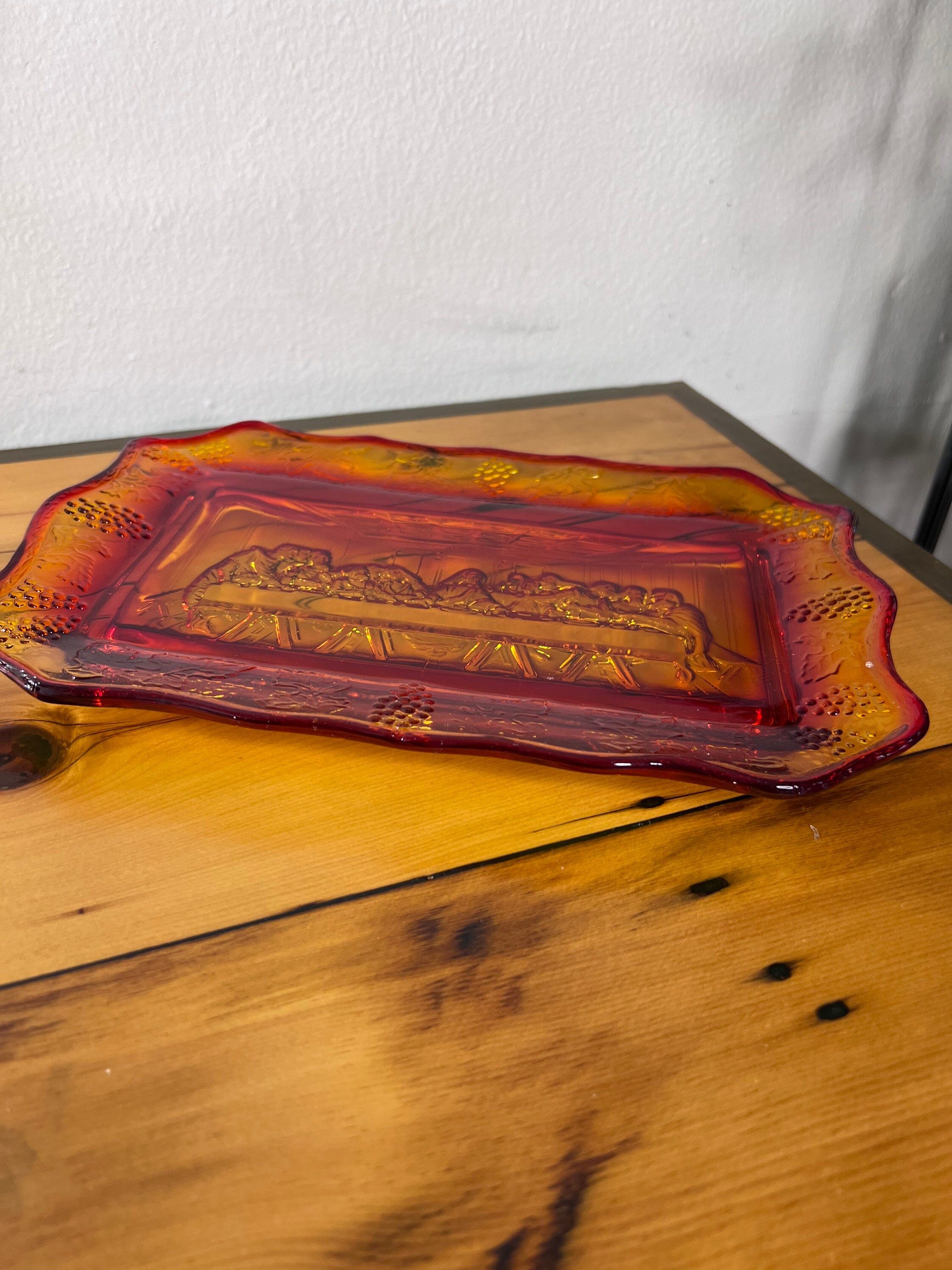 Vintage Amberina “the Last Supper” Glass Bread Plate - Orange, Red ...