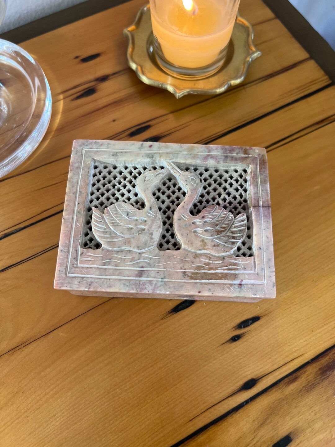 Vintage Small Hand Carved Soapstone Jewelry Box / Trinket Box With Two ...