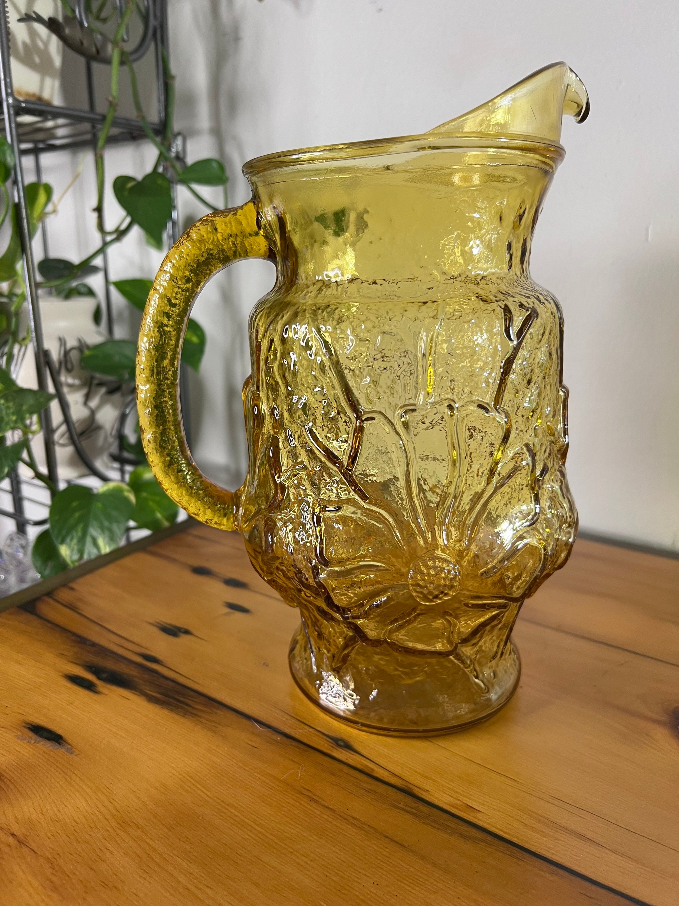 Vintage Anchor Hocking Amber Gold Rain Flower Pitcher Retro Etsy