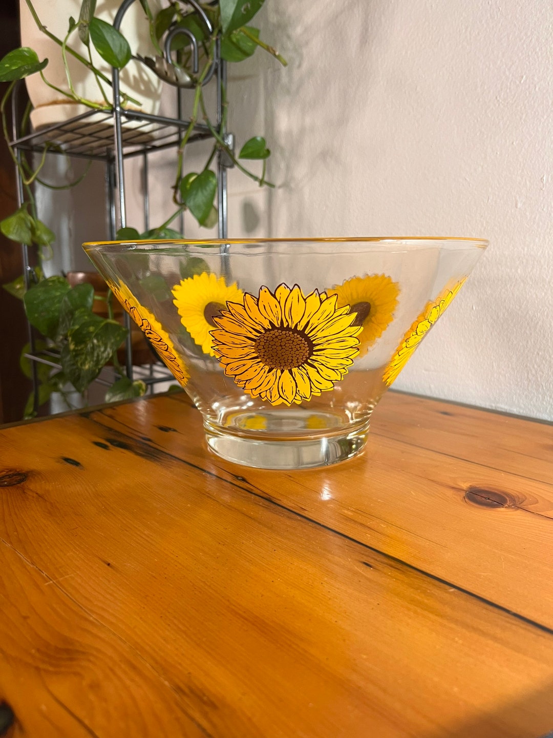 Vintage Large MCM Sunflower Serving Bowl With Gold Accents - Signed by ...