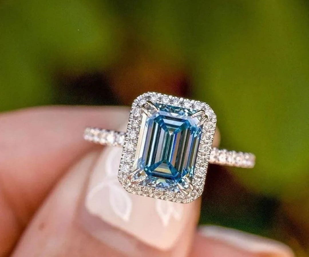 3 CT Sky Blue Emerald Cut Moissanite Ring: 14K White Gold Wedding Ring ...
