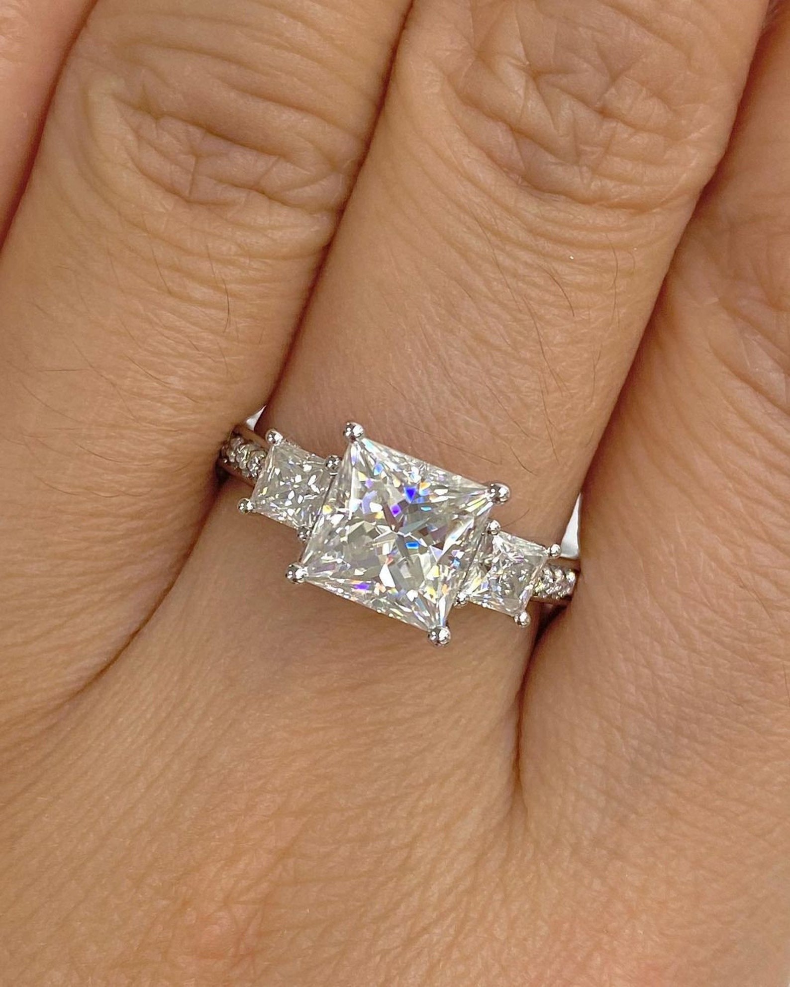 2 CT Center Princess Cut Side Two Princess Cut Moissanite Diamond Ring ...
