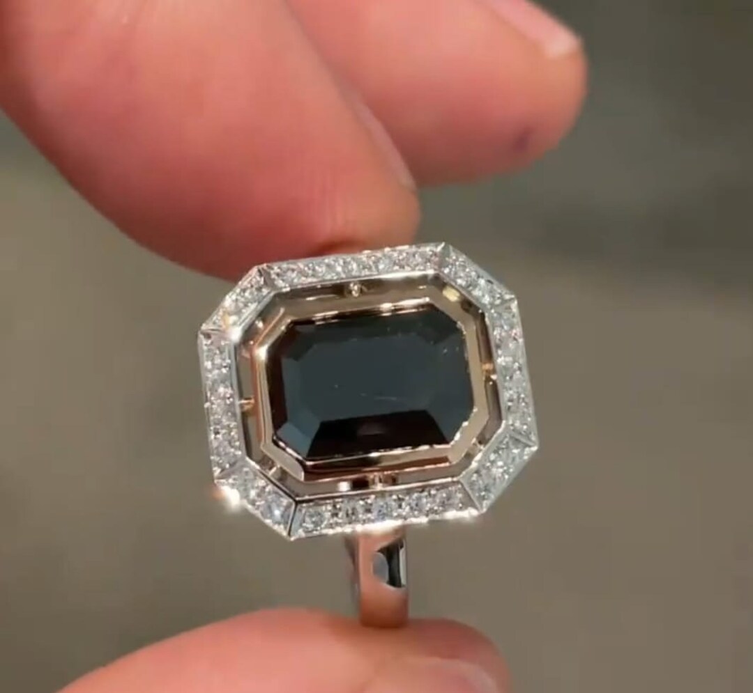 3 CT Black Emerald Cut With Surrounding Halo of Diamond All Grain Set ...