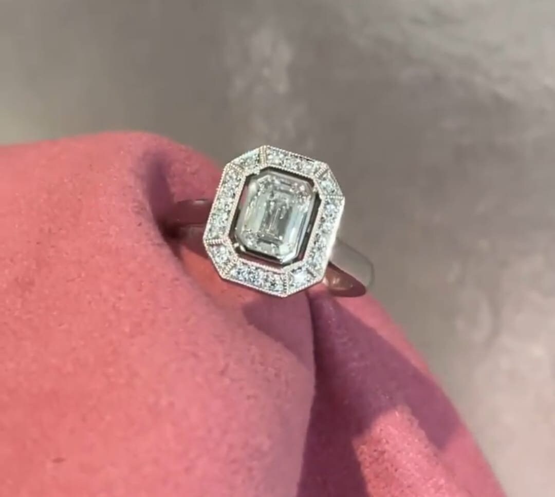 3 CT Ice Crushed Emerald Cut With Surrounding Round Cut Diamond Set in ...