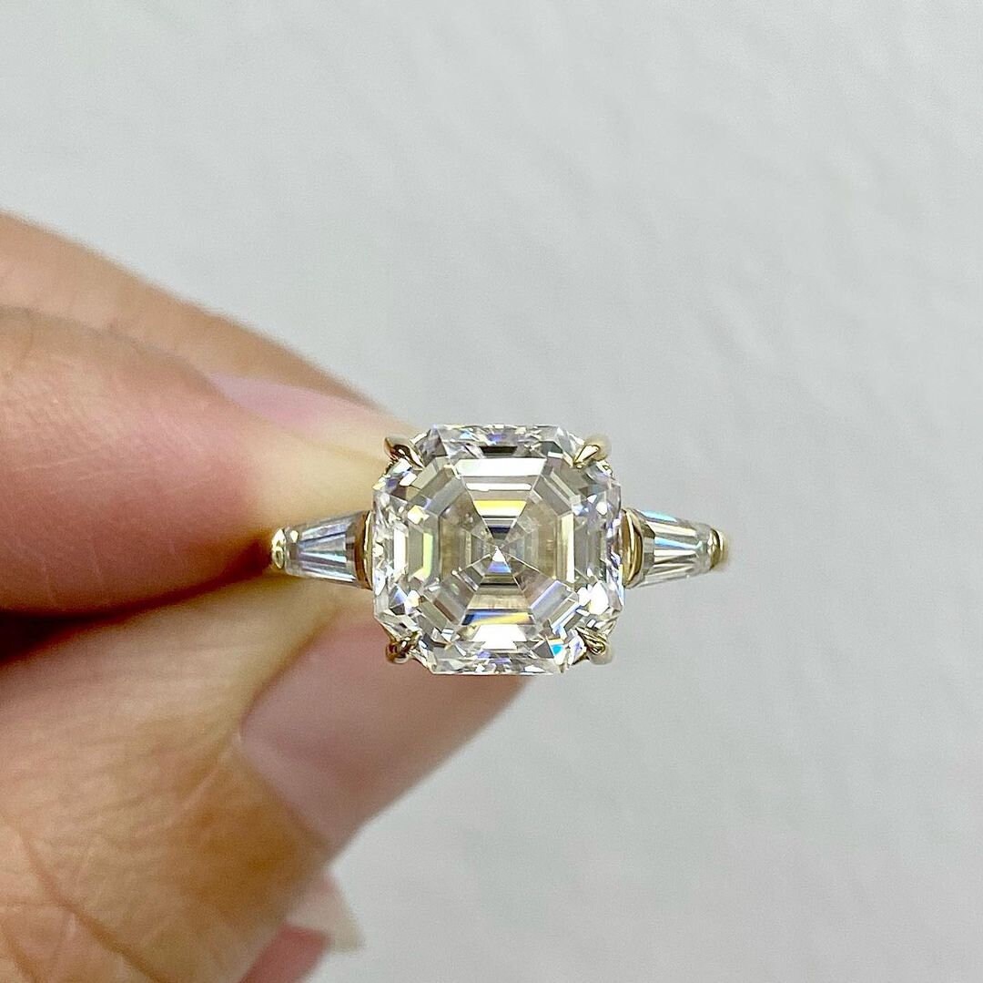 Ice Crushed 3 CT Ascher Cut Moissanite Diamond Ring 10K 14K 18K Solid ...