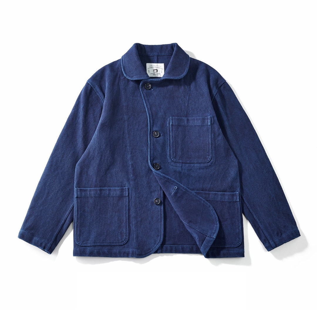 Indigo Blue French Worker Jacket Vintage Cardigan Thin Coat Handmade ...