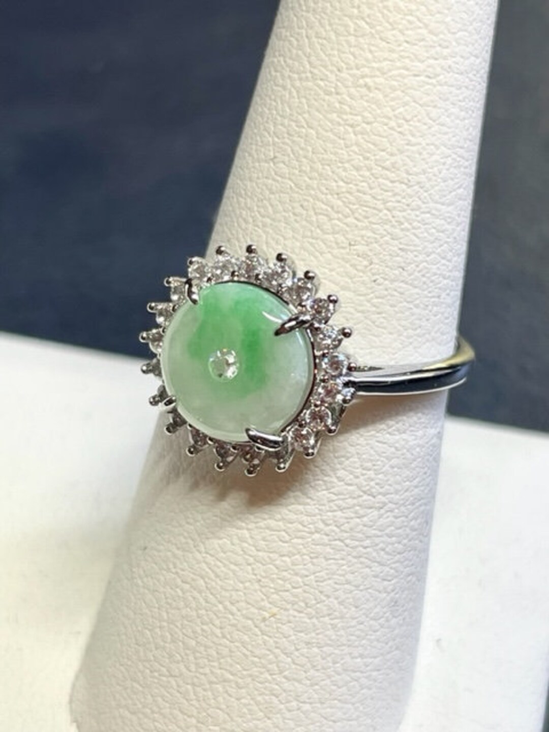 Silver Round Green Jadeite Jade Ring Natural Jadeite Jade Button Ring ...