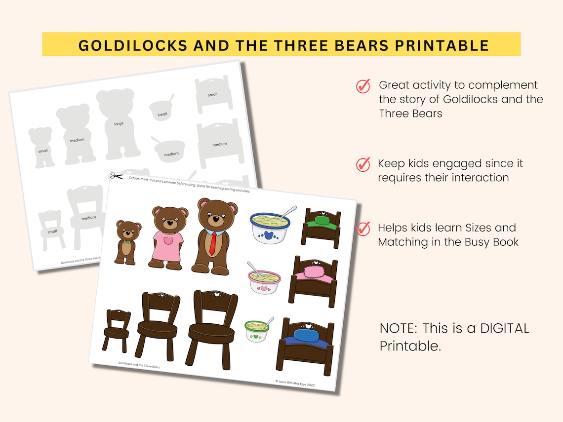 Goldilocks and Three Bears Activity: Sizes & Matching (PDF) - Etsy