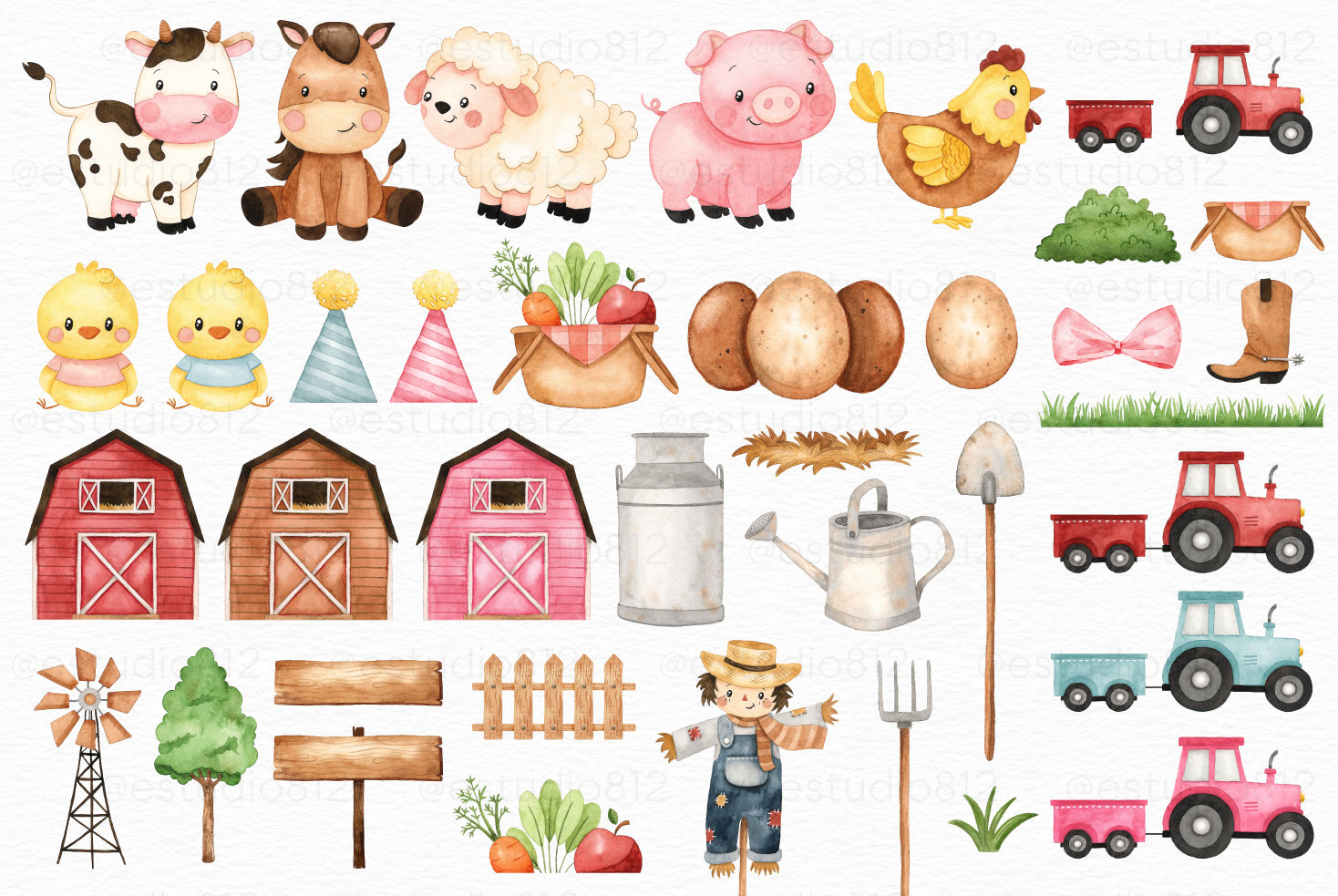 Cute Farm Clipart, Farm Animals Watercolor Digital Clipart, Farm ...