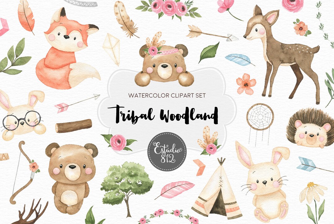 Woodland Nursery Clipart, Woodland Animals Watercolor Digital Clipart ...