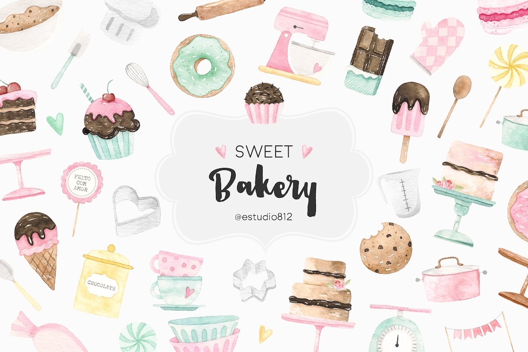 Sweet Bakery Watercolor Clipart Cake Cupcake Kitchen Cookie Macaroon ...